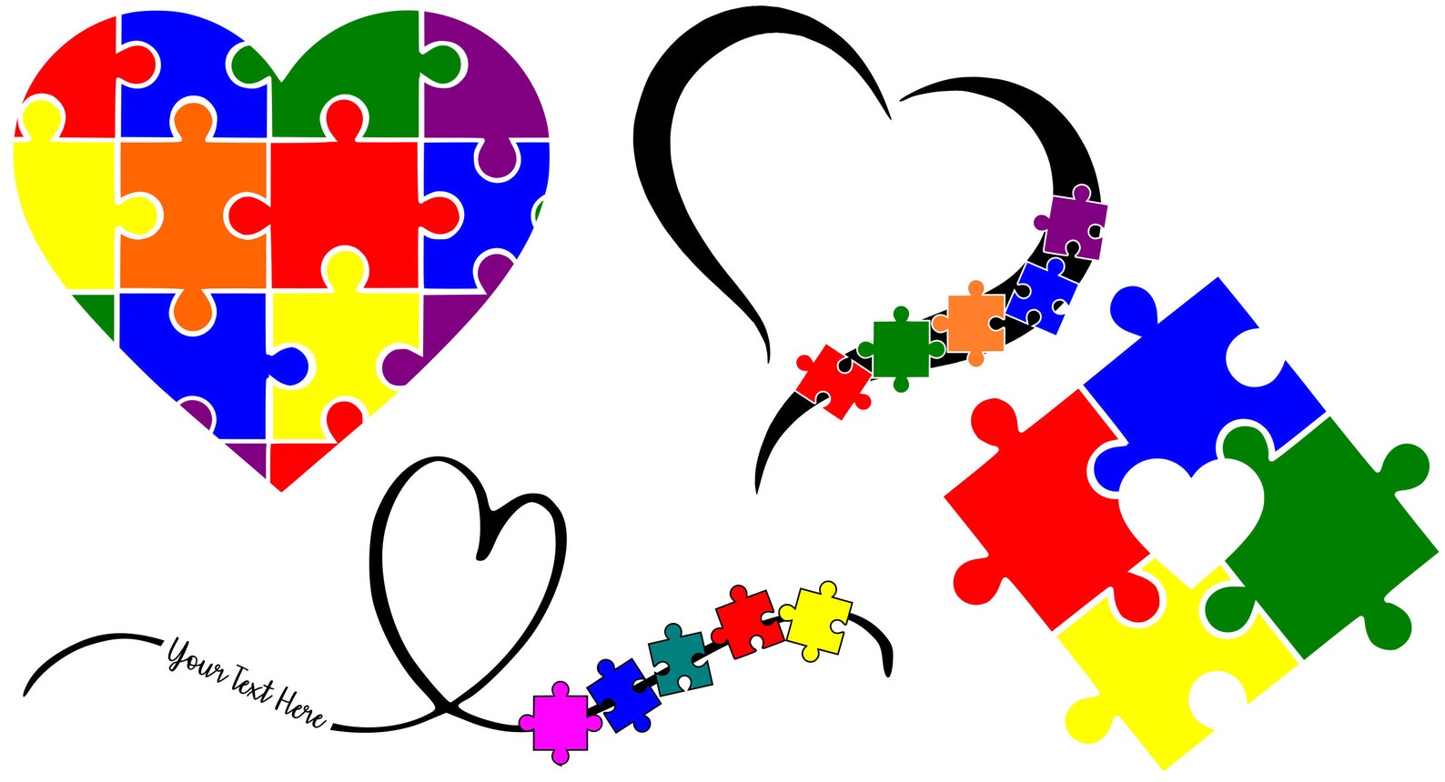 Autism Awareness Heart SVG Bundle, Puzzle Ribbon Clipart (commercial ...