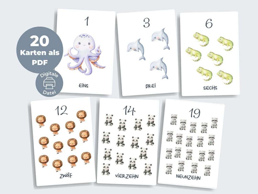 PDF Numbers Cards 1-20 Preschool Learning Numbers for Kids Animals ...
