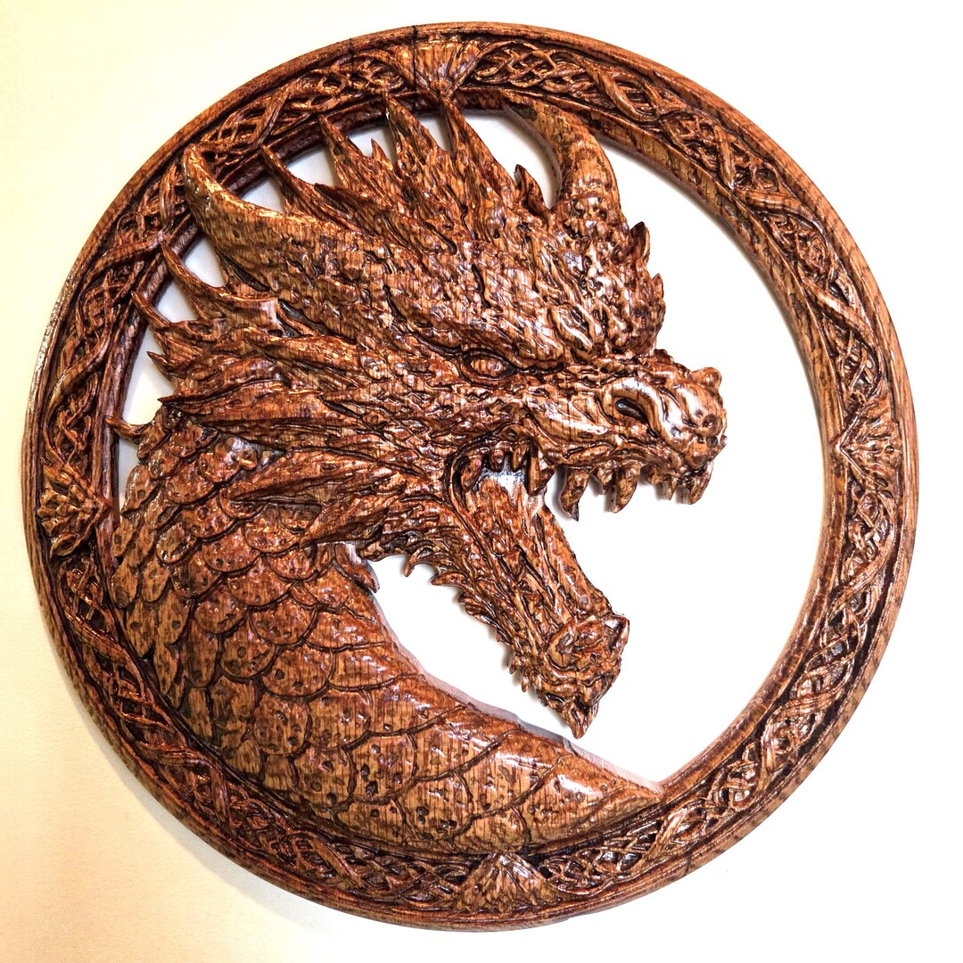 Carved Dragon Head Wall Hanging | Oak Wood Carving | Fantasy Decor ...
