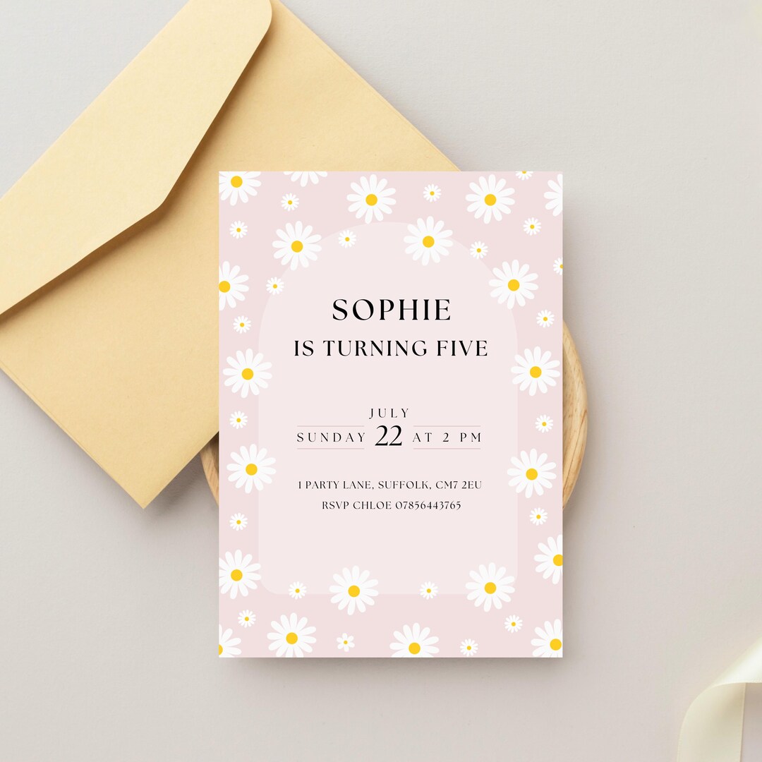 Editable Pink Daisy Birthday Invitation Kids Digital Party Invite ...