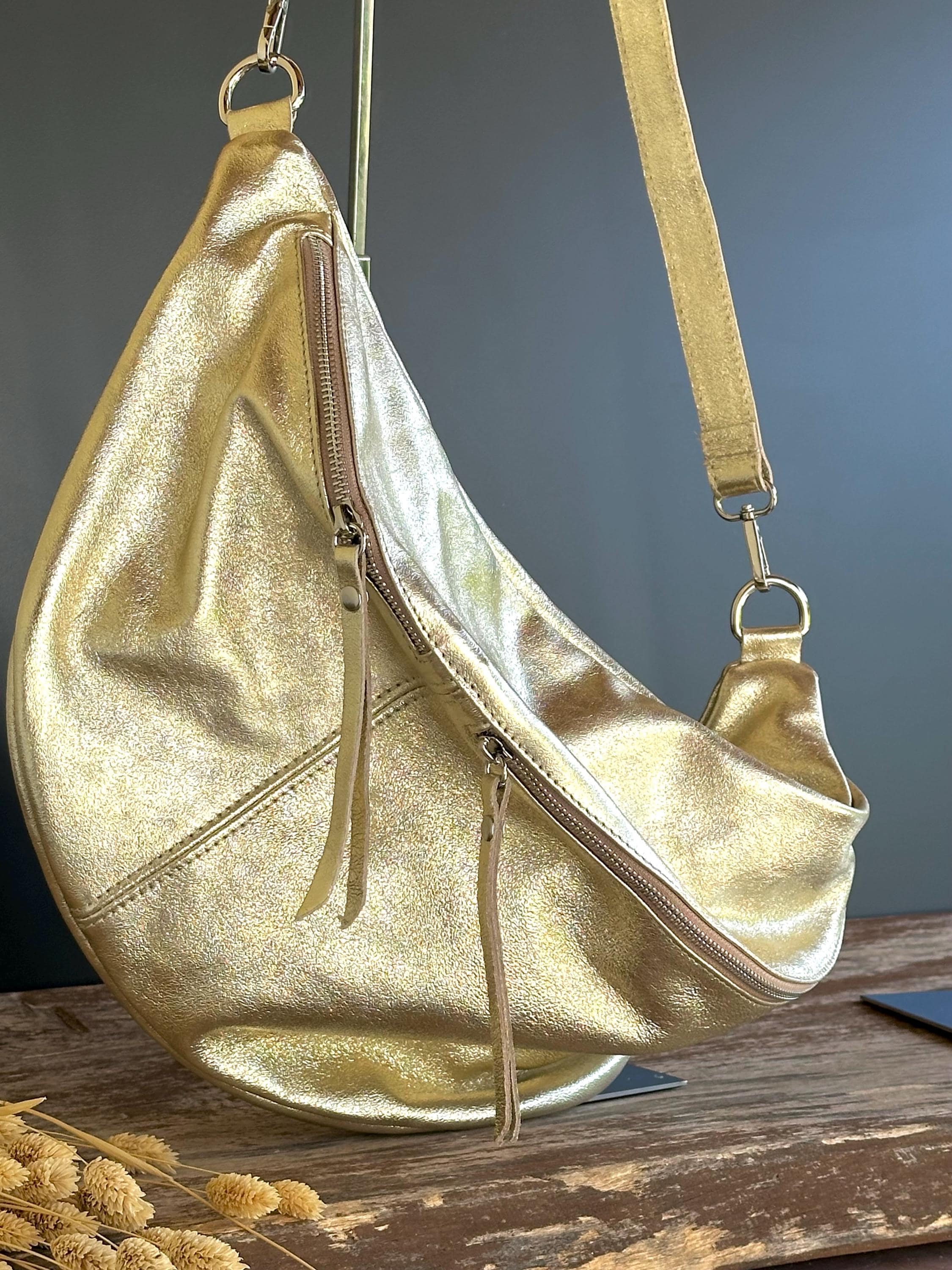 Bum Bag Genuine Leather Italy XXL Maxi Nappa Leather Metallic Leather ...