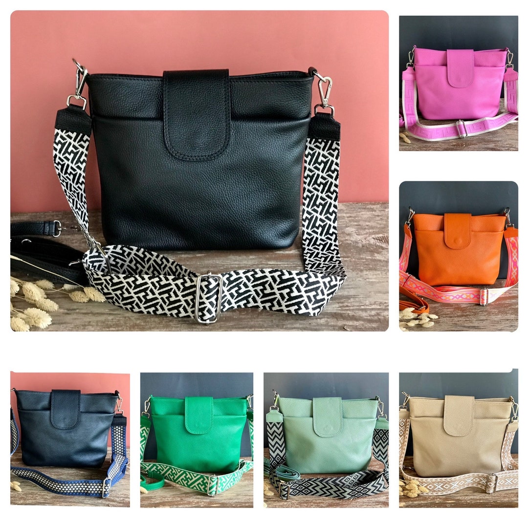 Nappa Leather Crossbody Bag With Two Straps Shoulder Bag With Patterned ...