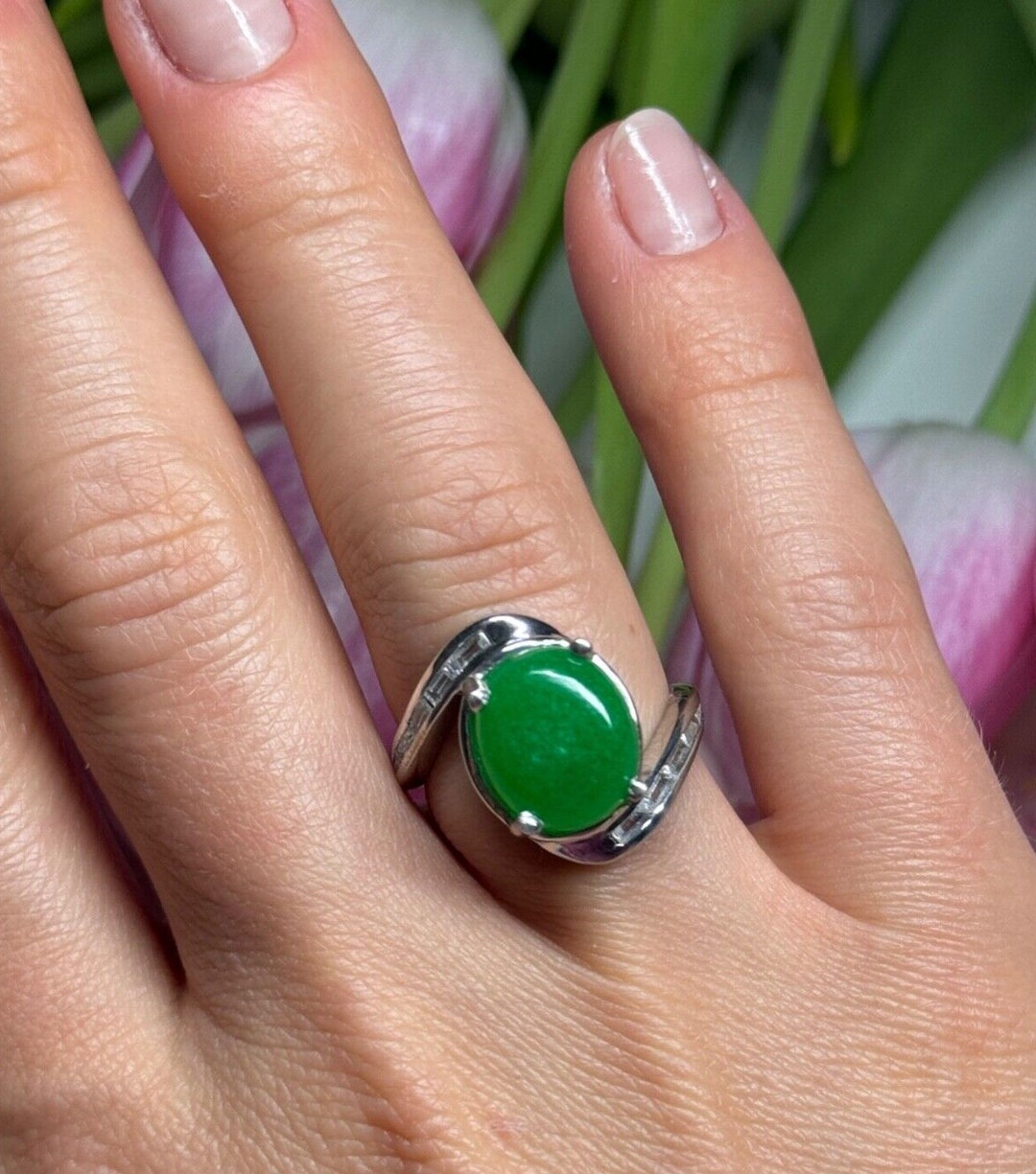 D'joy 925 Sterling Silver Green Nephrite & White Beryl Ring Size 6.5 - Etsy