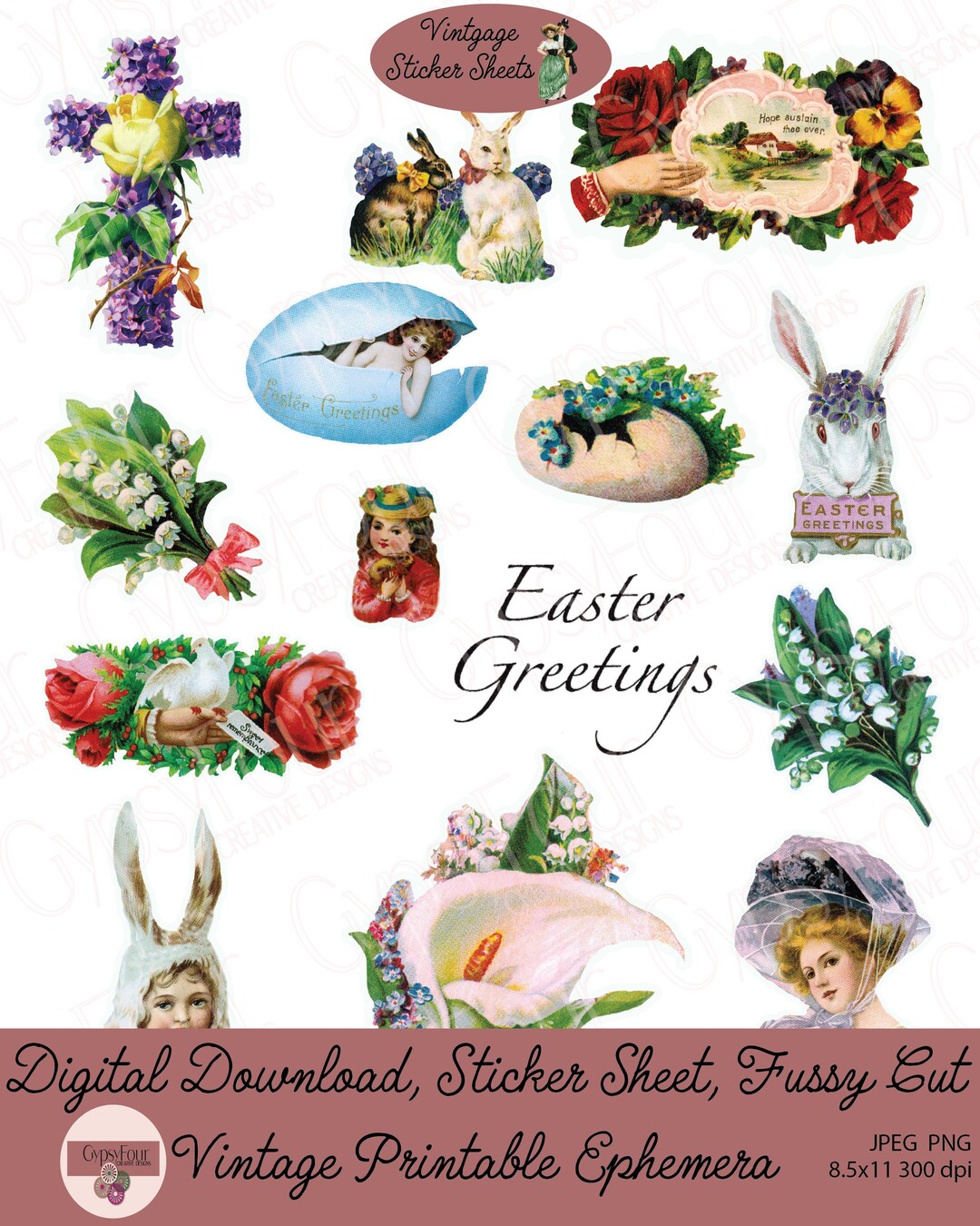Vintage Easter Sticker Sheets / 28 Pieces / PNG / JPEG/ Fussy Cut ...