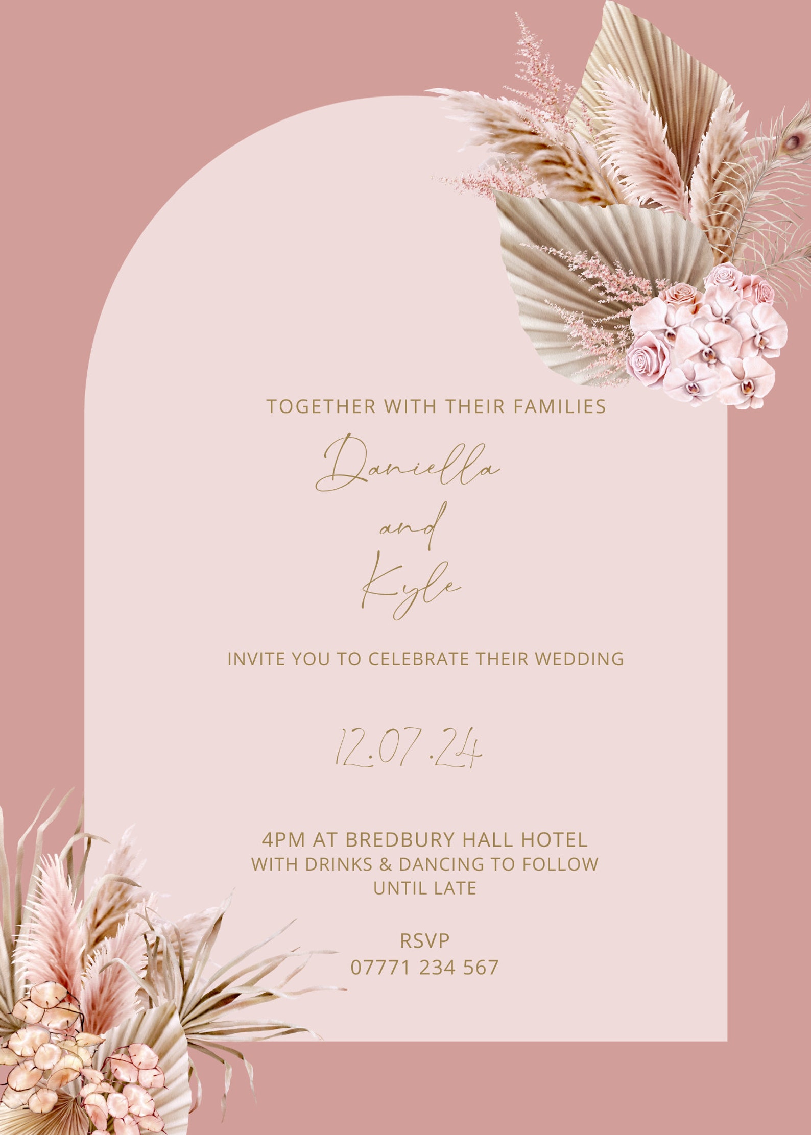 5x7 'daniella' Blush Pink & Cream Pampas Grass Wedding Invitation ...