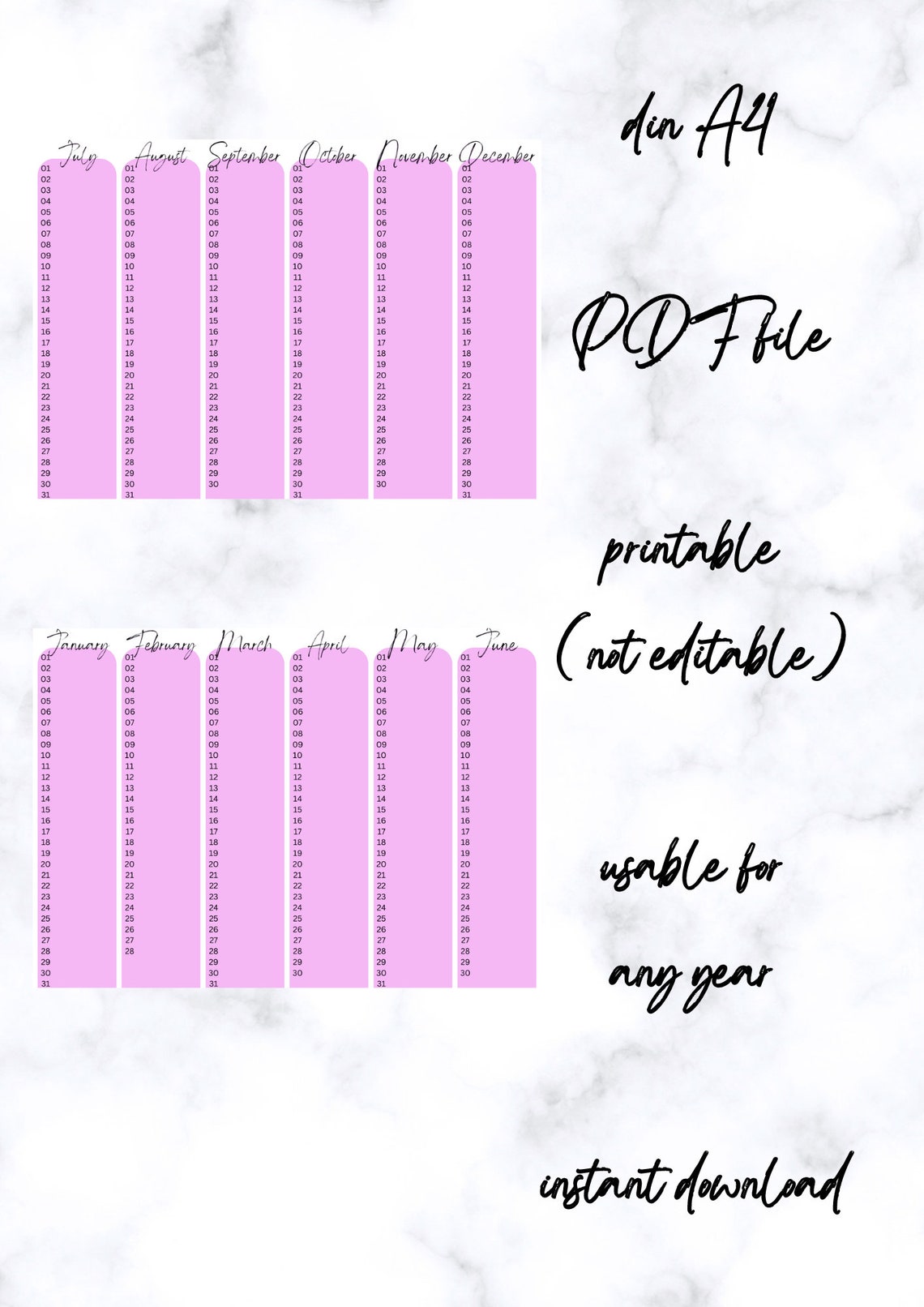 Half Year Planner Printable, Year on 2 Pages, Calendar Template Pdf ...