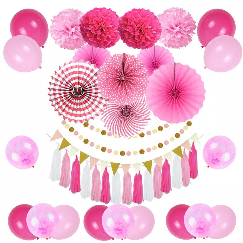 Pink Paper Fans Party Kit, Pennant Banner, Balloons, Pom Poms, Garland ...
