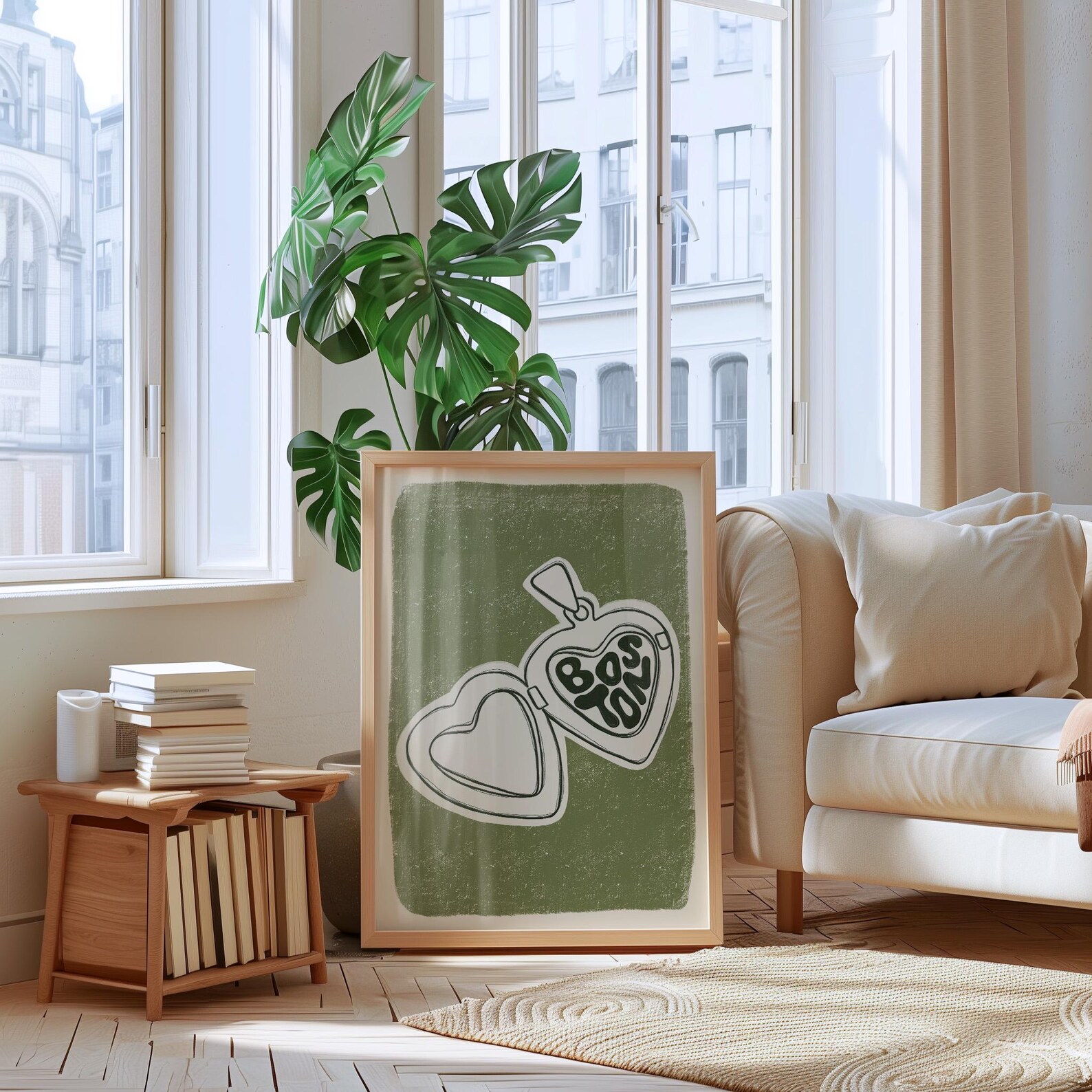 Boston Locket Art Print, Boston Wall Art, Heart Locket Poster, Sage ...