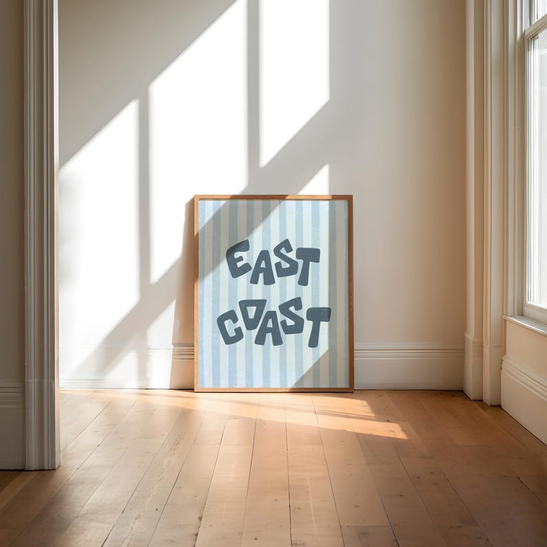 East Coast Art Print, Blue Beachy Prints, Blue Striped Coastal Poster ...