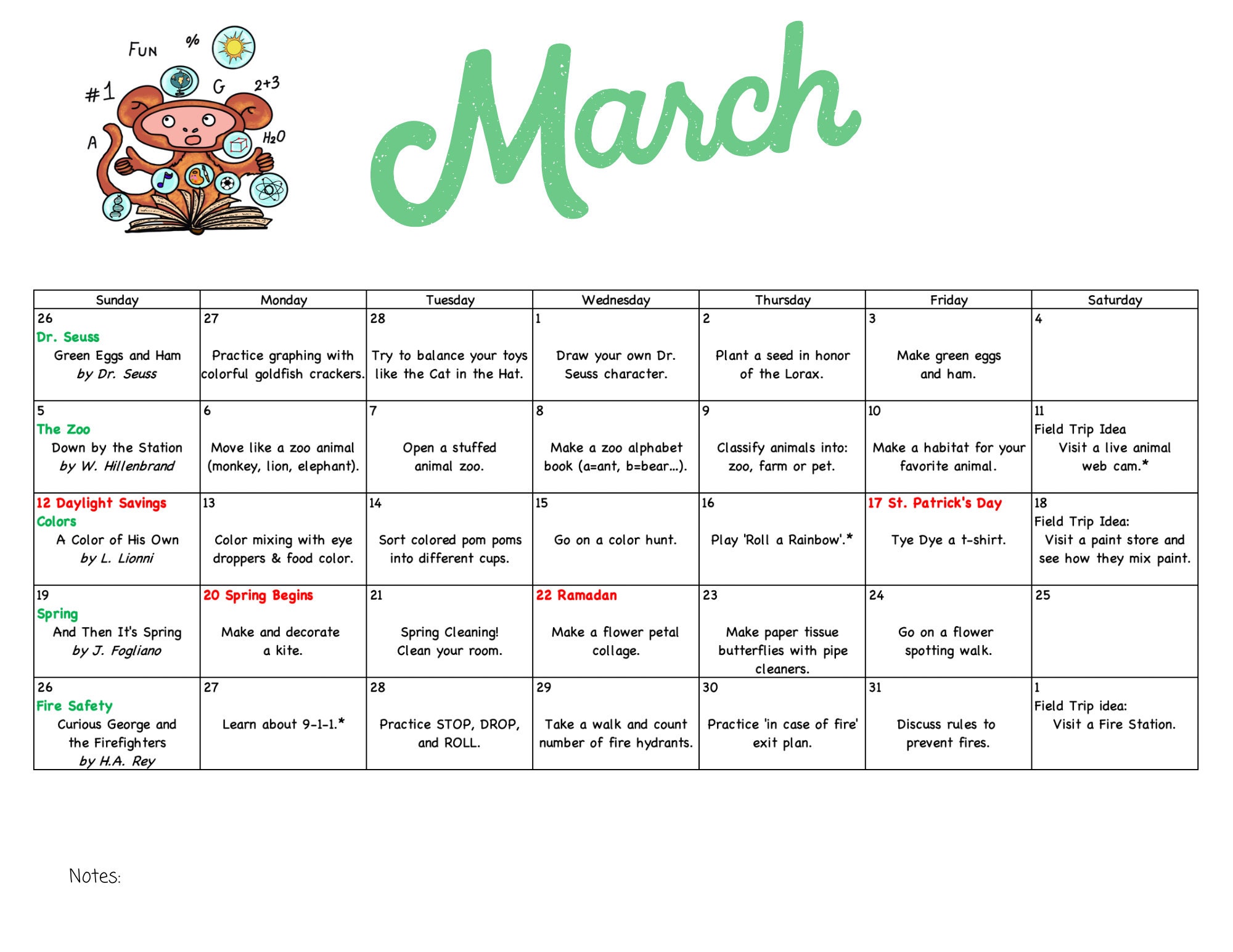 Printable | Preschool Reading | Activity Calendar | Preschool Unit ...