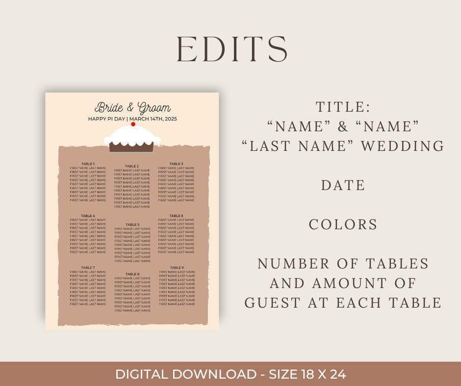 Wedding Seating Chart, Digital Download, Personalized Pie/pi Day Themed ...