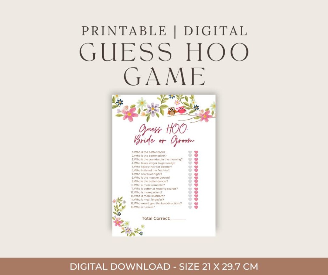 Guess Hoo Bridal Shower Game, Personalized Digital Download, Owl Themed ...
