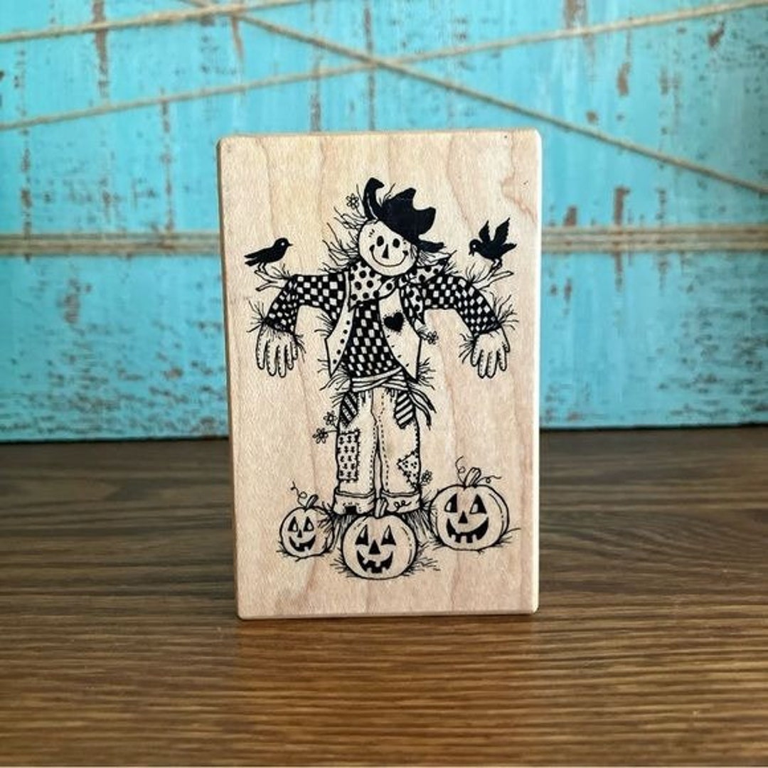 PSX C-817 Scarecrow and Pumpkins Halloween Fall Rubber Stamp 3.5" X 2. ...