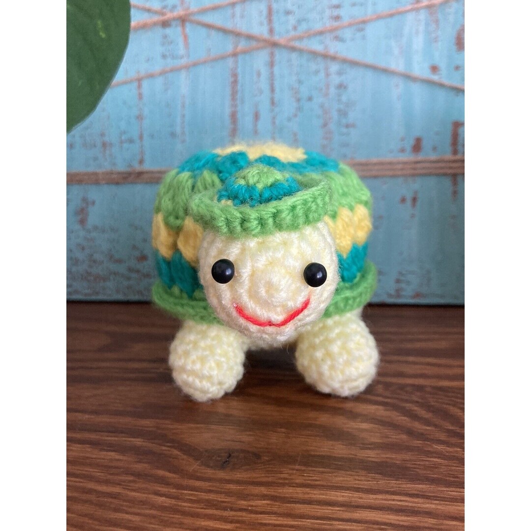 Hand Crocheted Smiling Turtle Tortoise With Hat Yellow and Green Plush ...