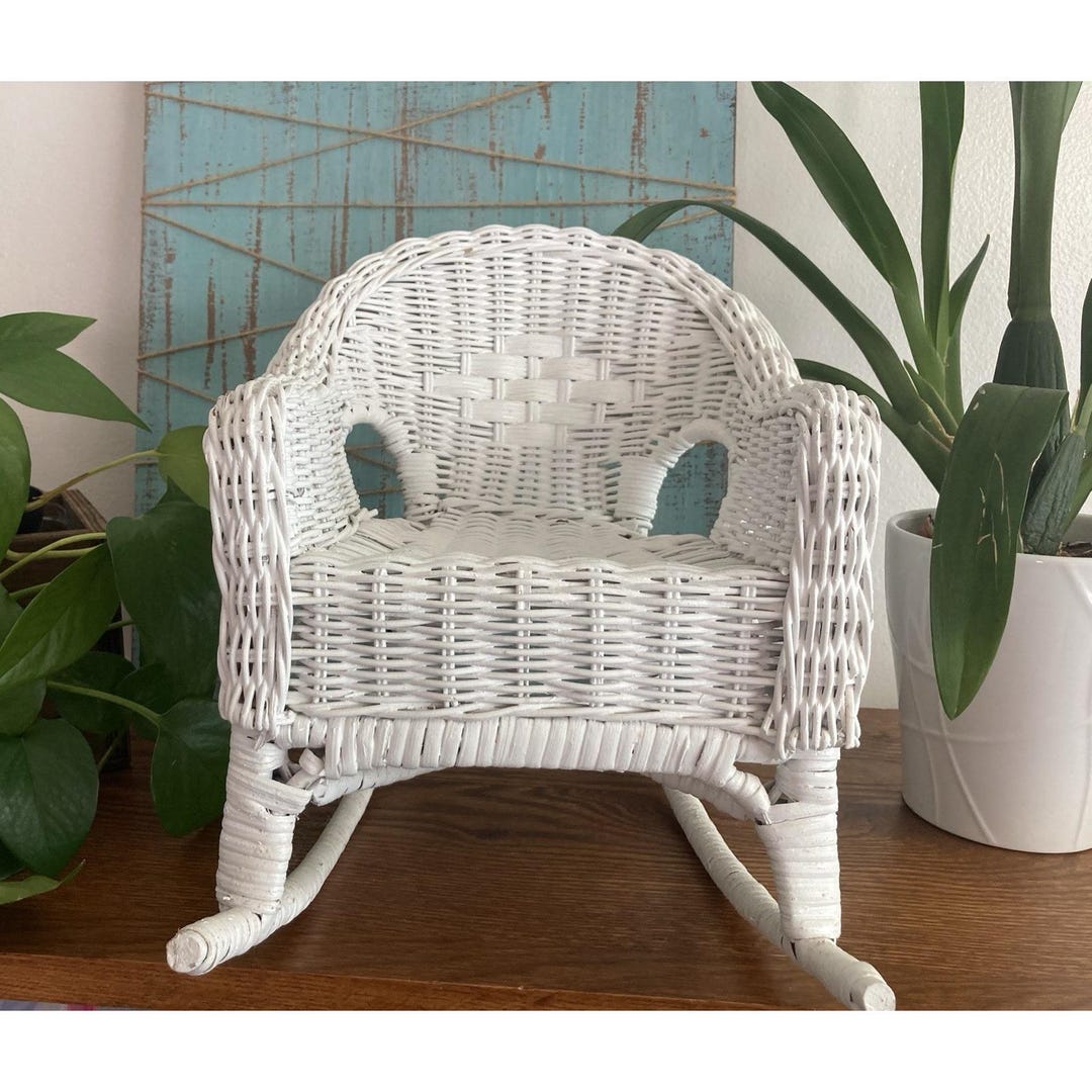 Vtg White Painted Natural Wicker Doll Rocking Chair or Plant Stand 12 ...