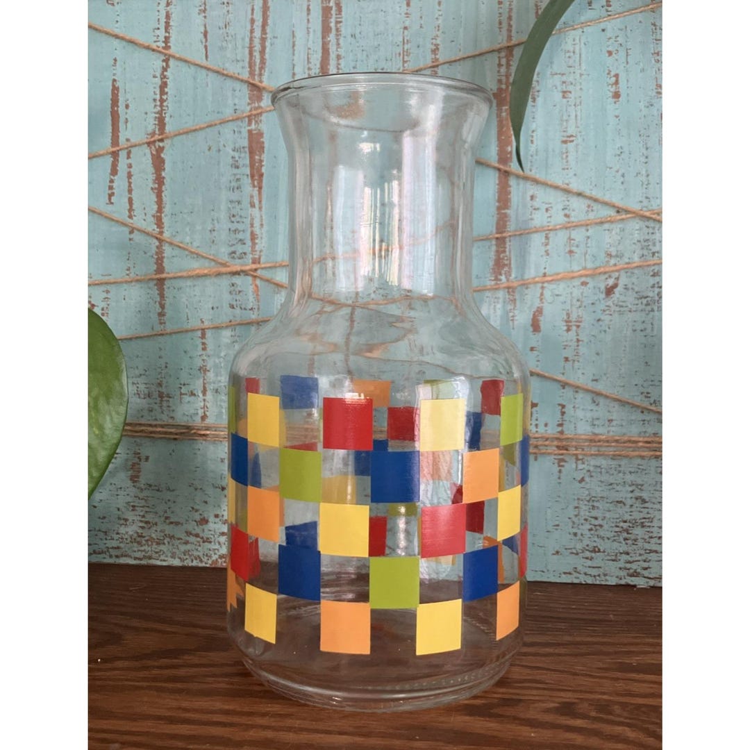 Vintage MCM Glass Juice Carafe Pitcher Colorful Squares Canada - Etsy
