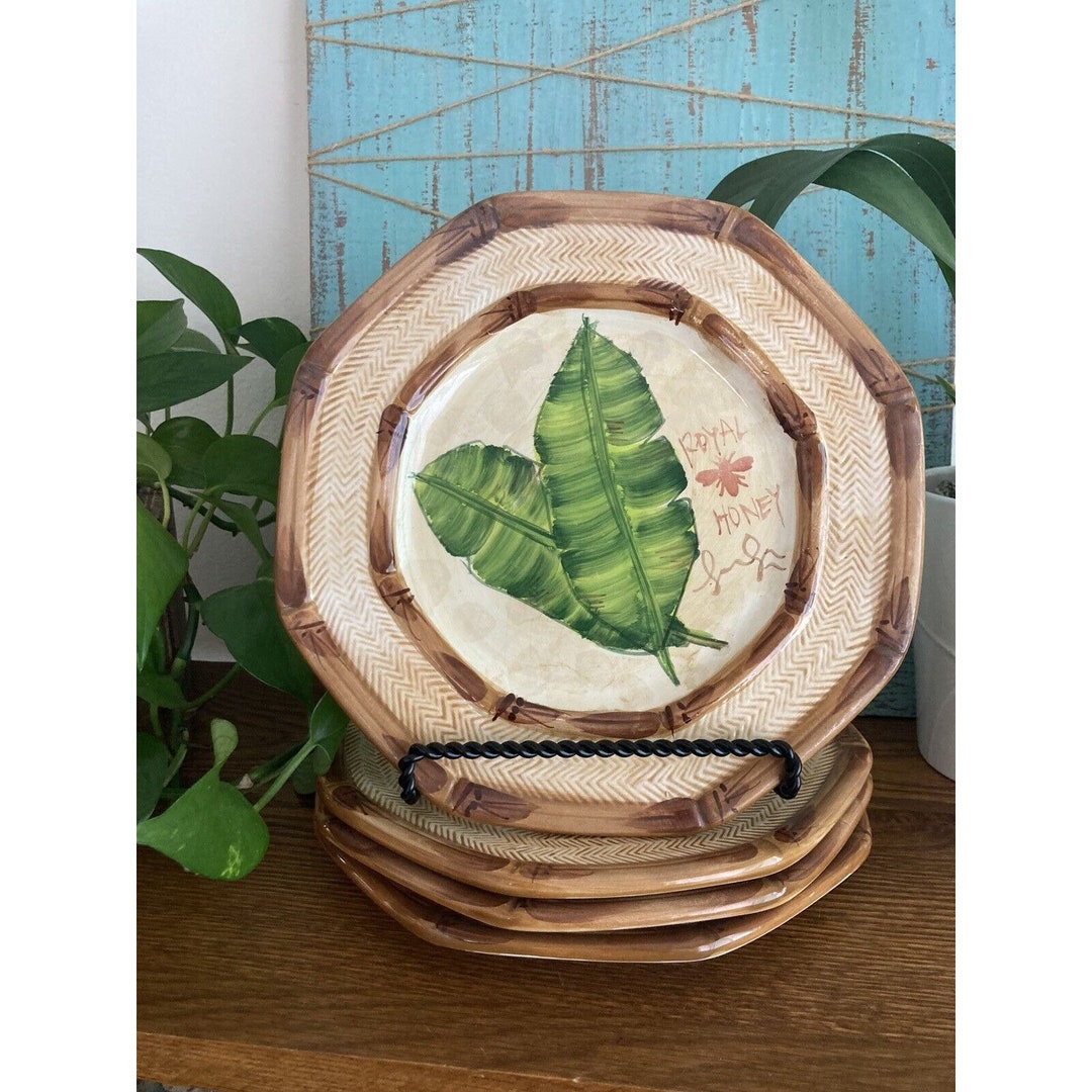 Royal Palm Tiki Bar Palm Leaf Bamboo Trim Ceramic Plates 9 Set of 4 - Etsy
