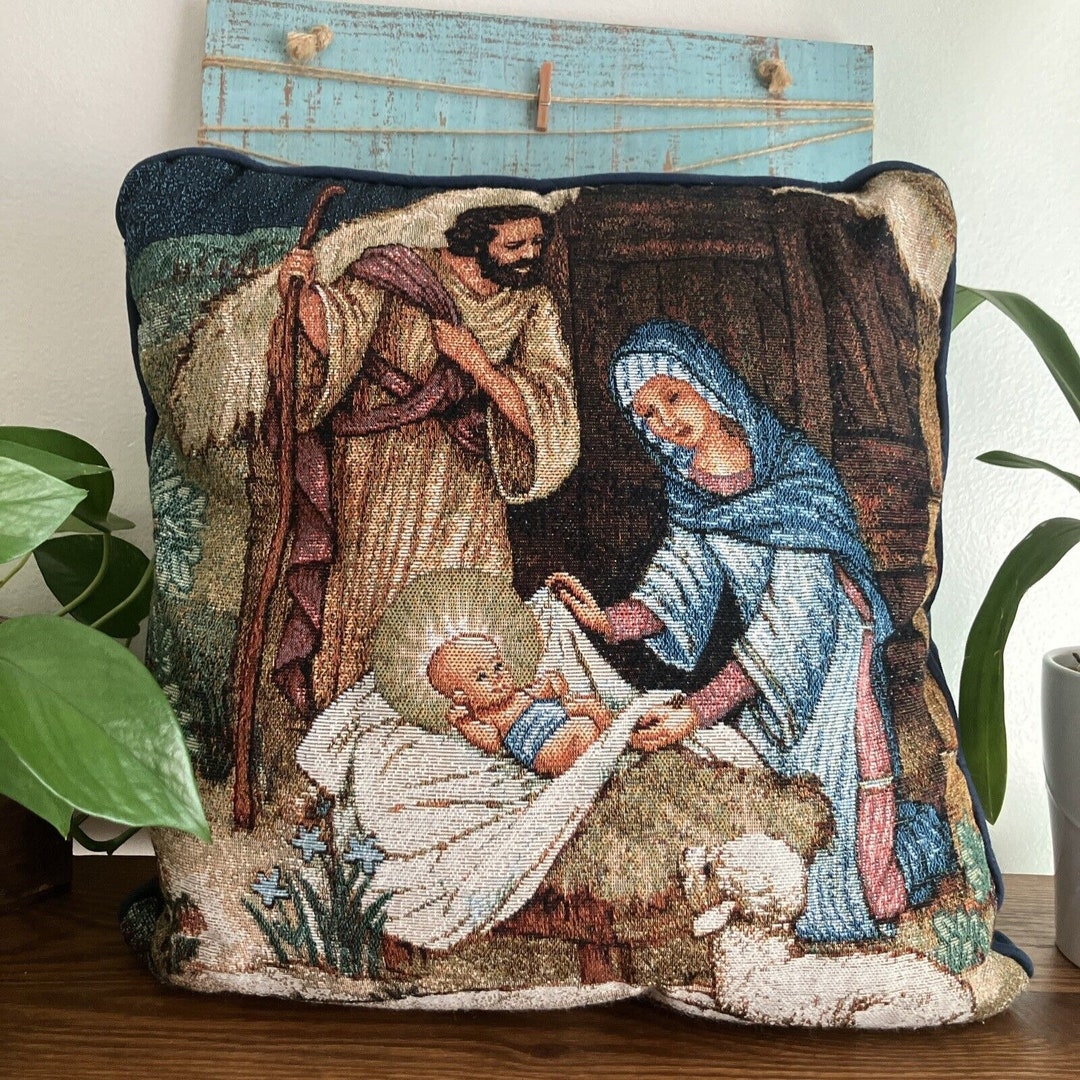 Vintage Tapestry Pillow Nativity Scene Mary Joseph Jesus Large 15x15 - Etsy