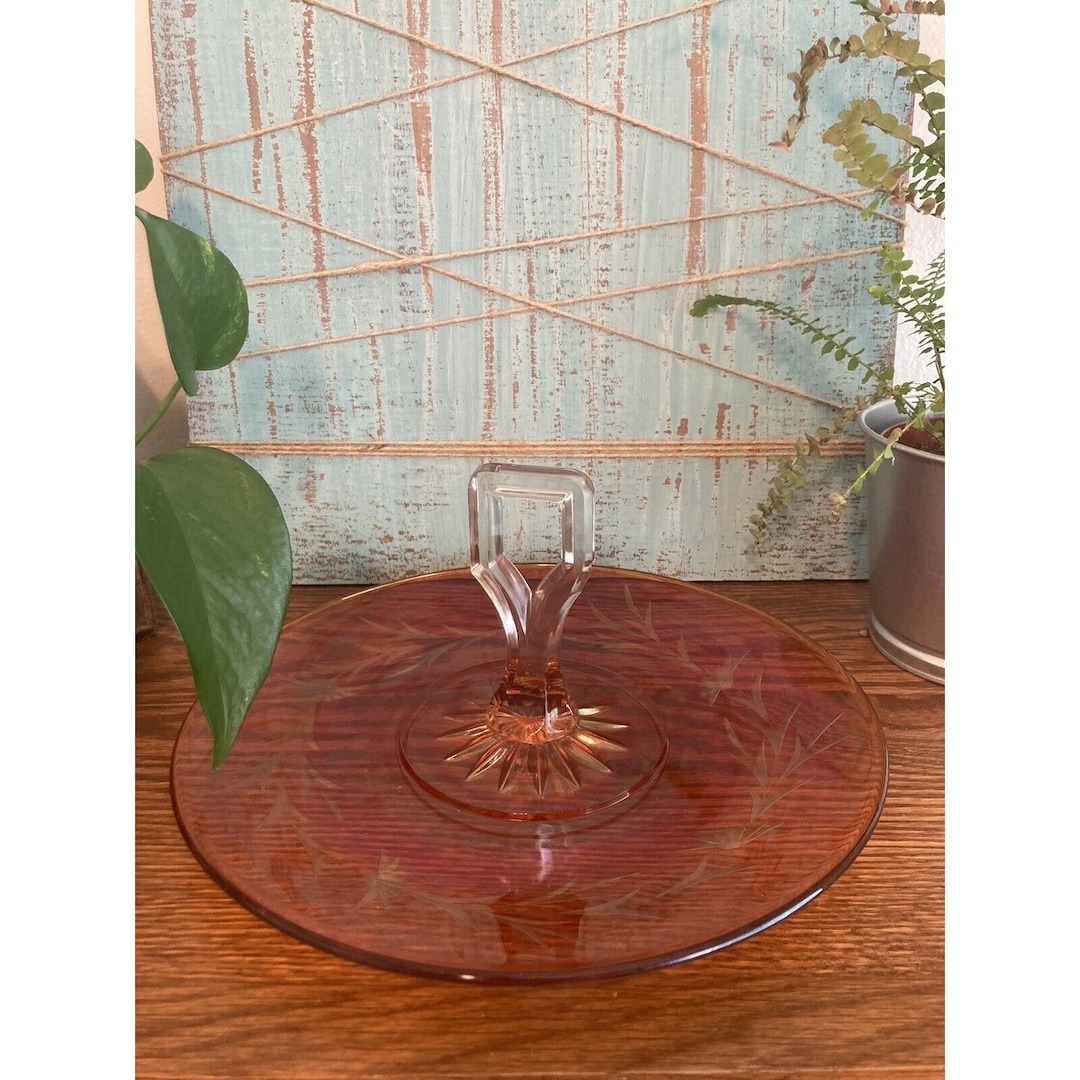 Vtg Pumpkin Orange Etched Glass Sandwich Tidbit Appetizer Plate With ...