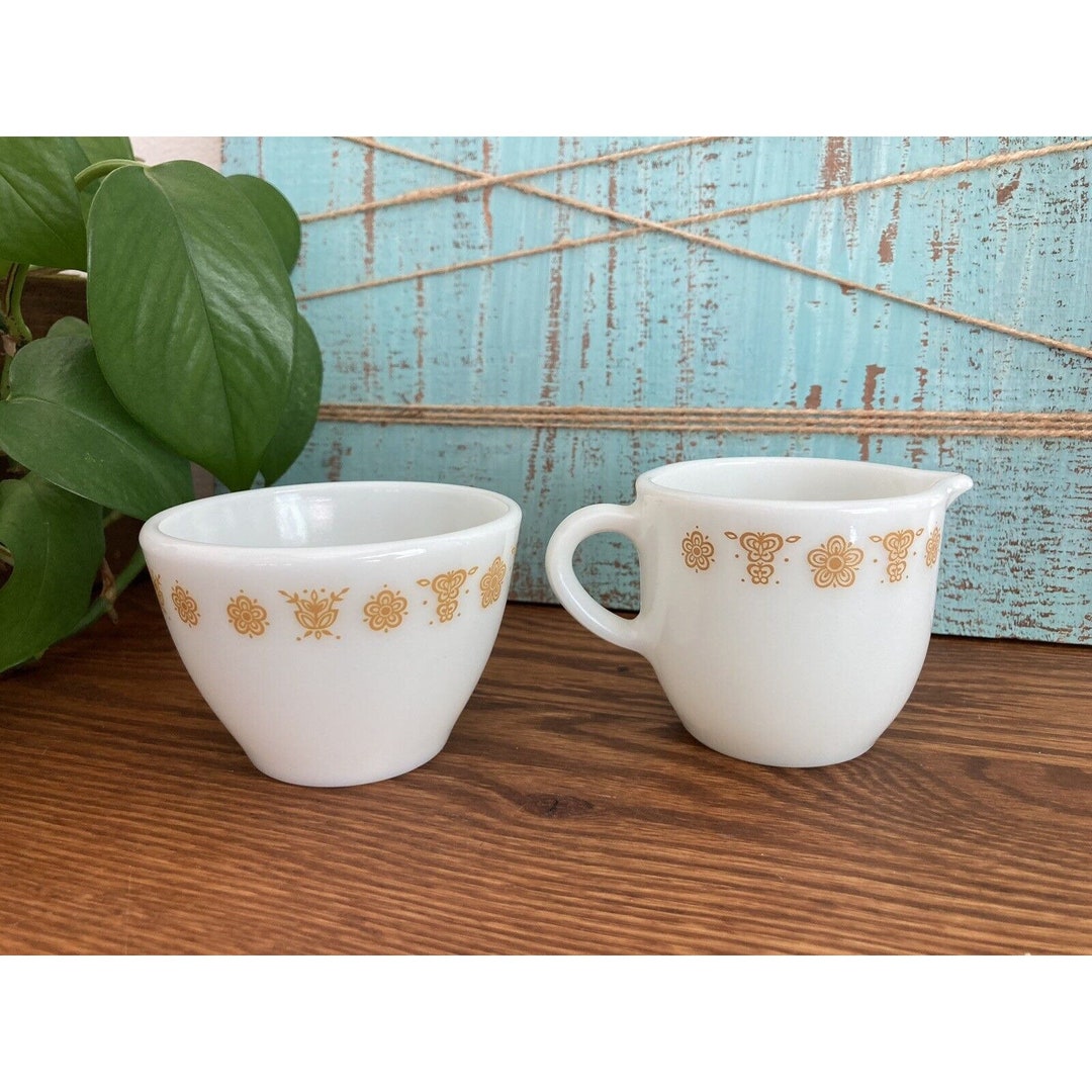 Vintage Pyrex Corning Butterfly Gold Pattern Open Sugar and Creamer Set ...