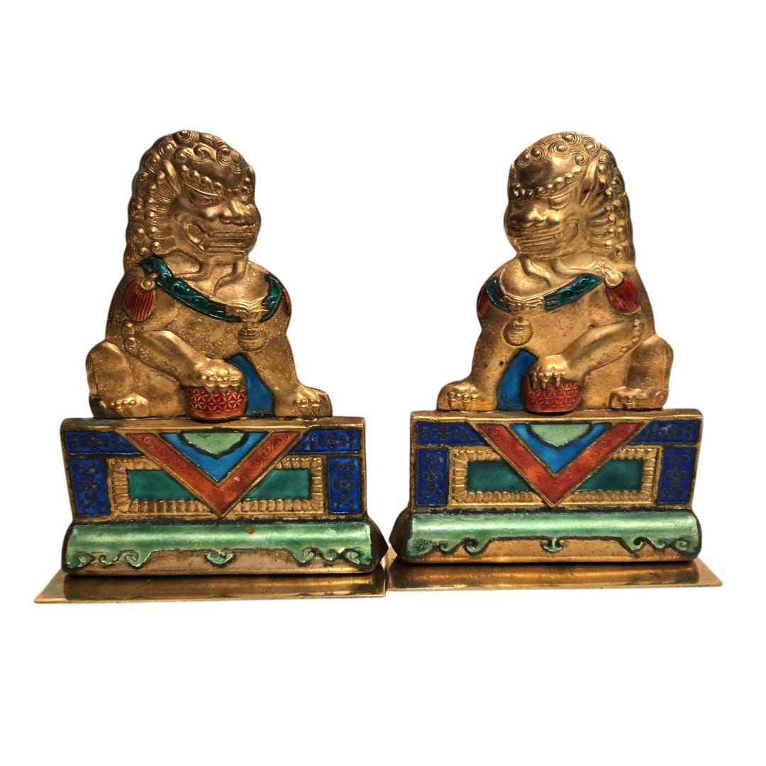 Mid 20th Century Chinese Brass and Enamel Foo Dog Bookends - Etsy