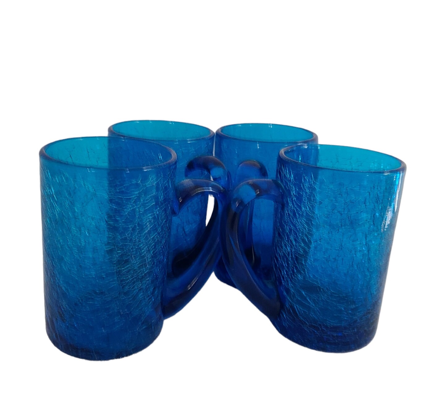 Blenko Style Blue Crackle Glass Mugs, Vintage Turquoise Set of Four ...