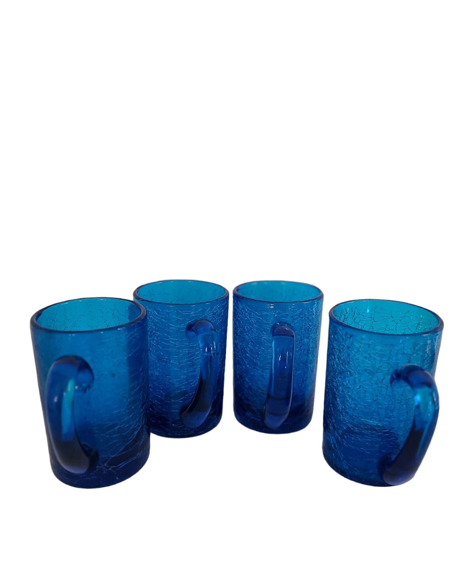 Blenko Style Blue Crackle Glass Mugs, Vintage Turquoise Set of Four ...
