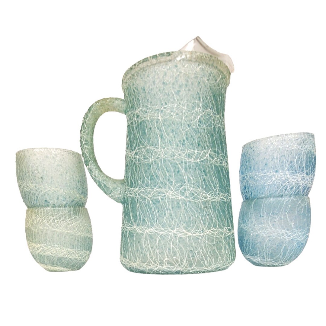 Vintage MCM Spaghetti String 64 Fl. Oz. Pitcher and 4 Roly Poly Glasses ...