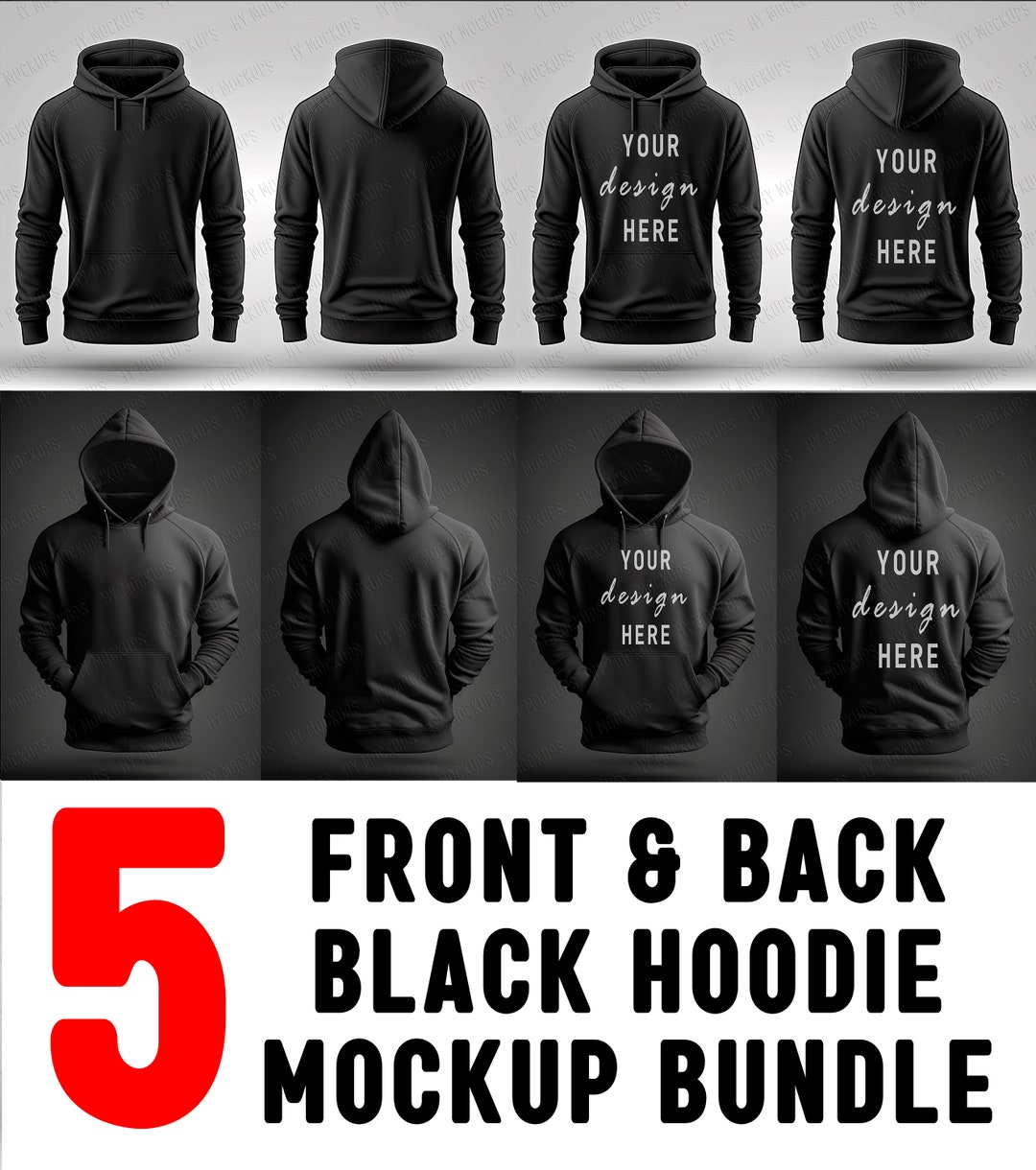 Front and Back Black Hoodie Mockup Bundle, 5x Black Hoodie Mockup ...