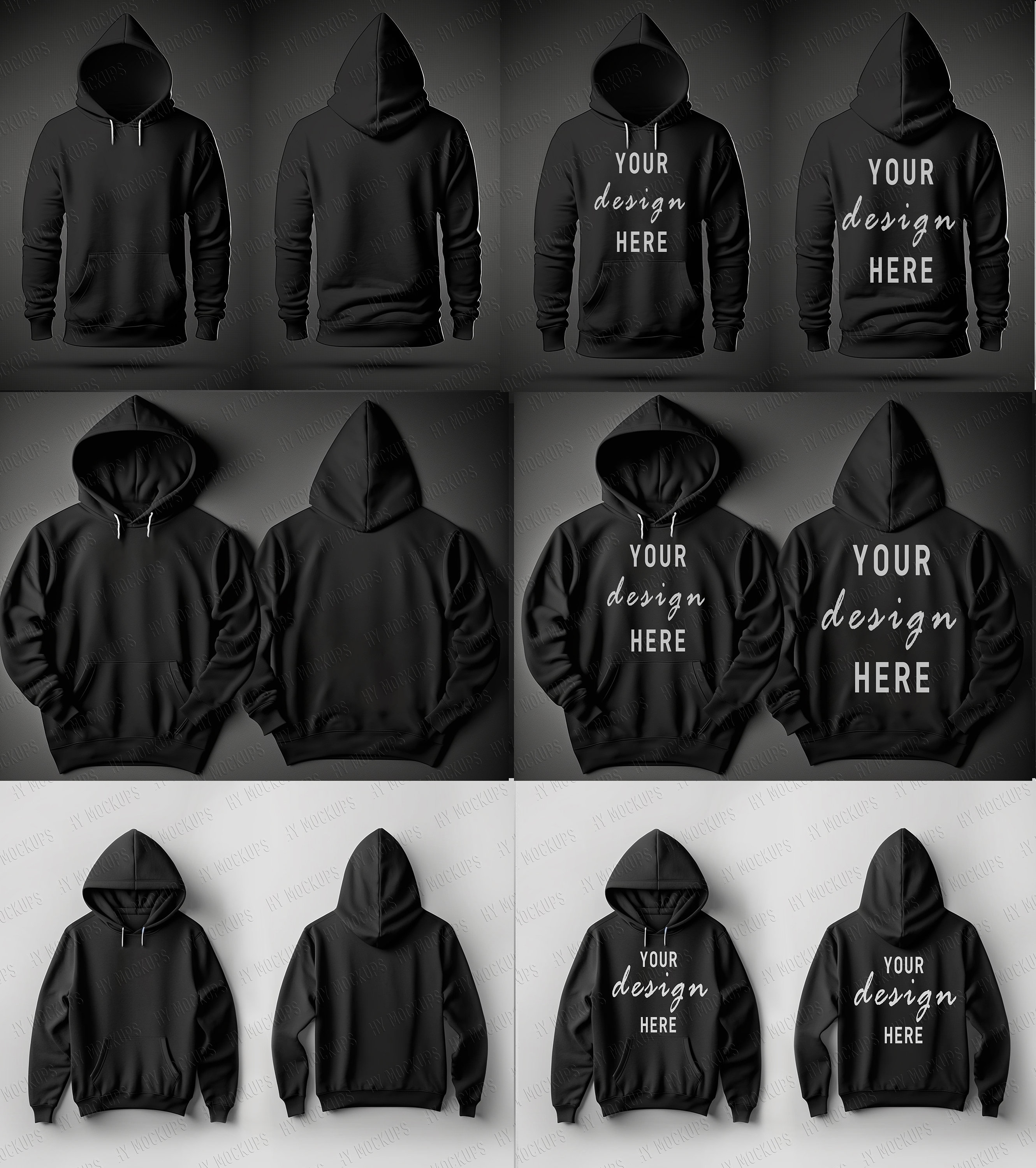 Front and Back Black Hoodie Mockup Bundle, 5x Black Hoodie Mockup ...