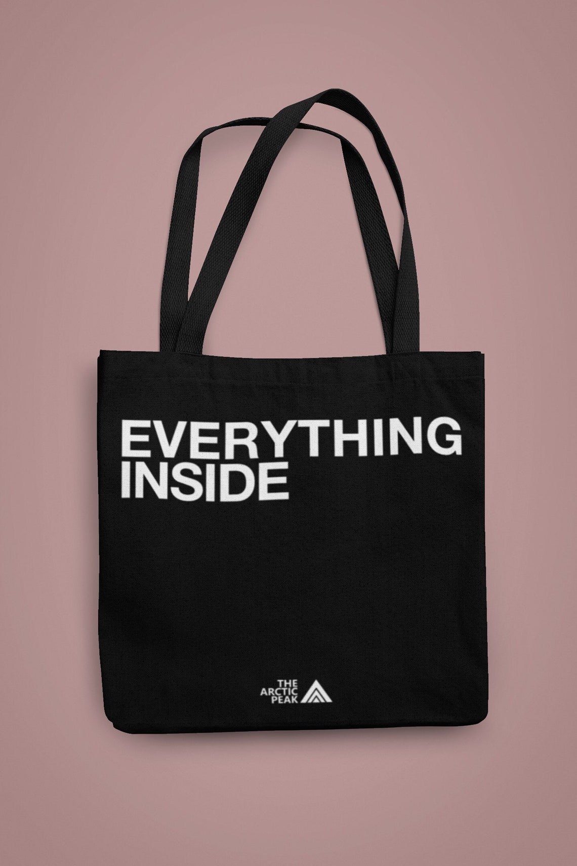 Black Tote Bag With White 'everything Inside' Text - Handmade Eco ...