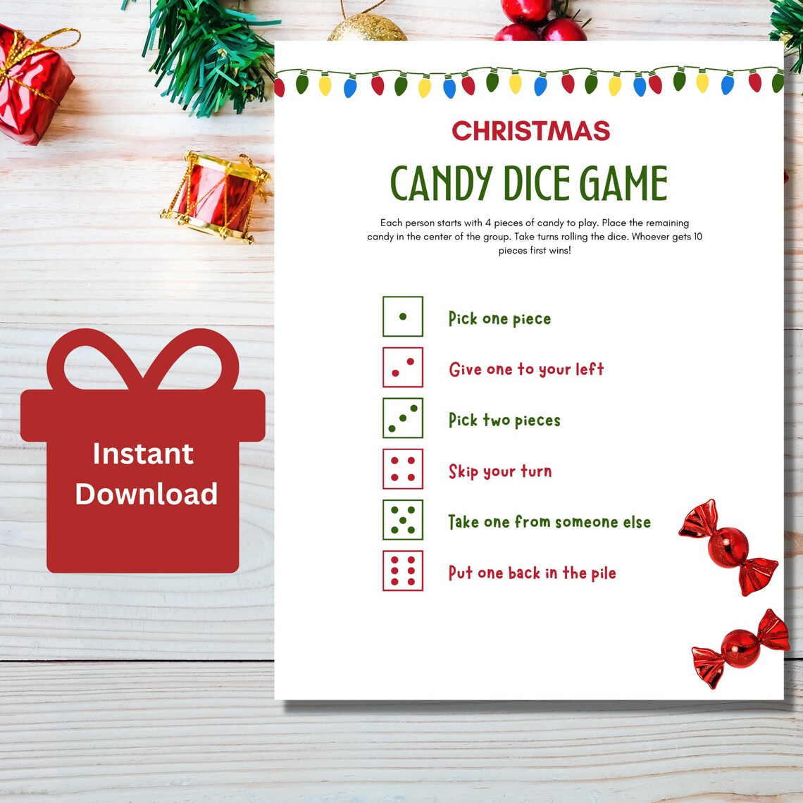 Christmas Candy Dice Game, Christmas Party Games for Kids, Printable ...