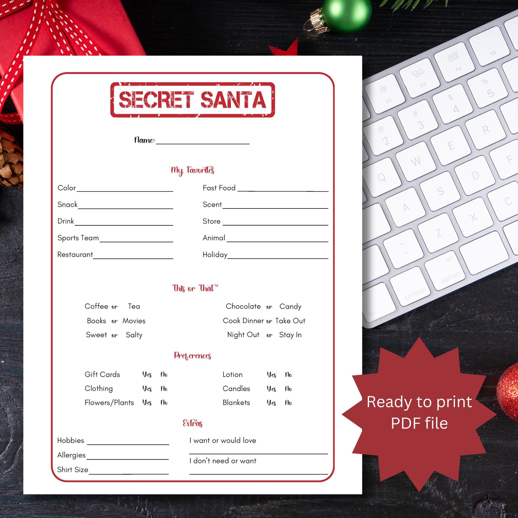 Secret Santa Questionnaire Printable, Secret Santa Survey, Christmas ...