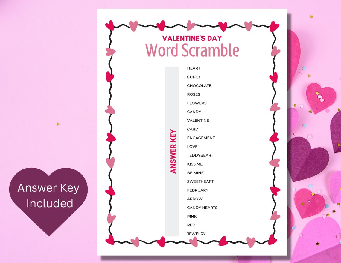 Valentines Day Word Scramble, Printable Valentines Game, Valentines ...