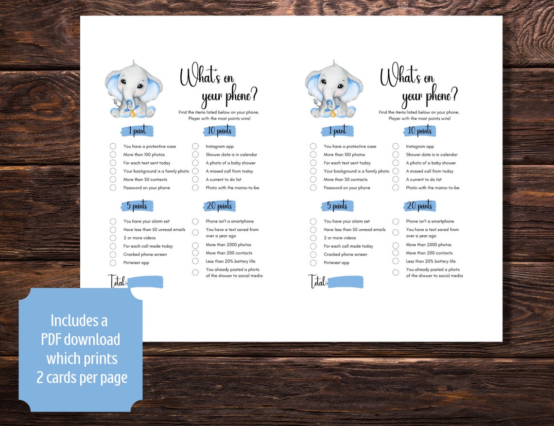 Whats on Your Phone Baby Shower Game, Blue Elephant Baby Shower Games ...