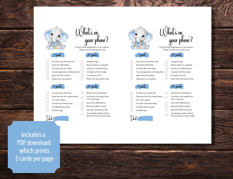 Whats on Your Phone Baby Shower Game, Blue Elephant Baby Shower Games ...
