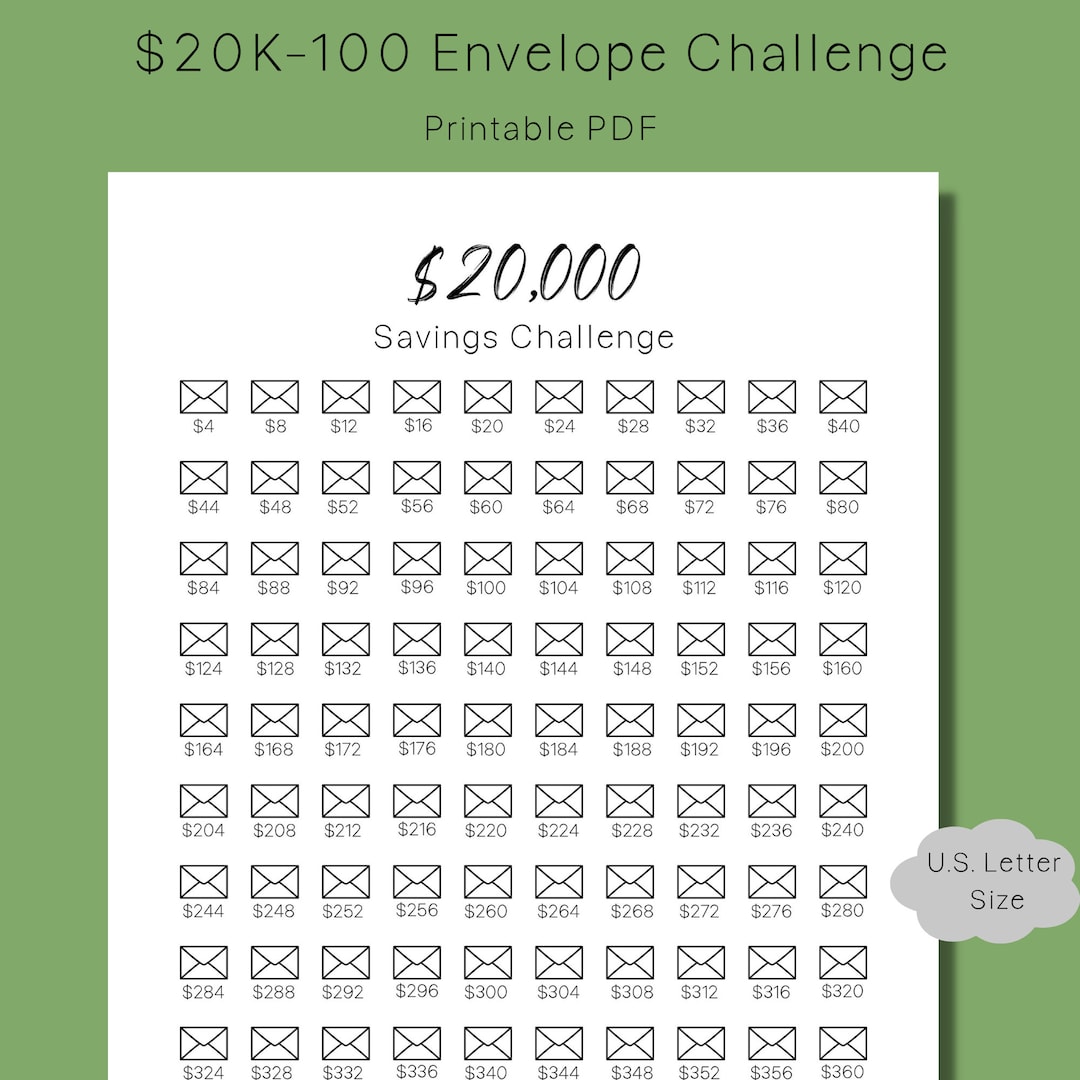 20K Savings Challenge, 100 Envelope Challenge, 20K in 100 Days, 100 Day ...