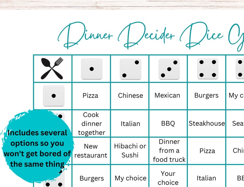 Dinner Decider Dice Game, Food Dice, Dinner Dice, Date Night Dice, Game ...
