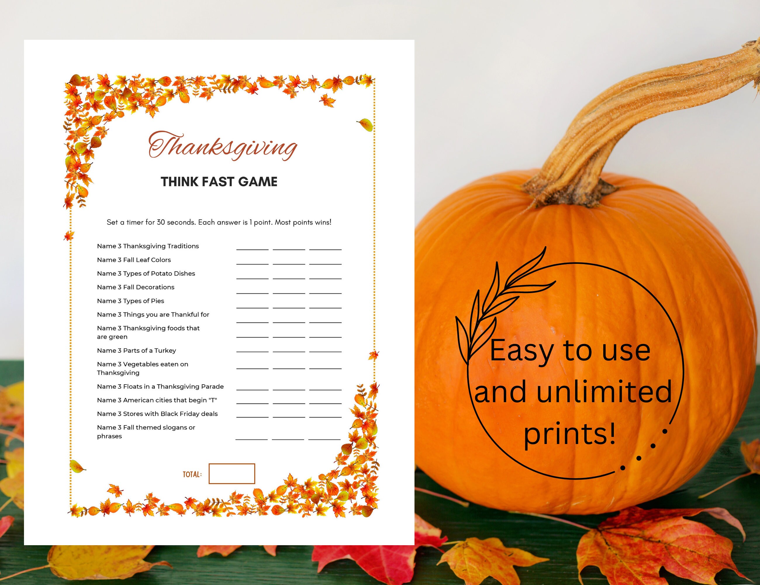 Thanksgiving Think Fast Game Printable, Instant Download Fall Game ...