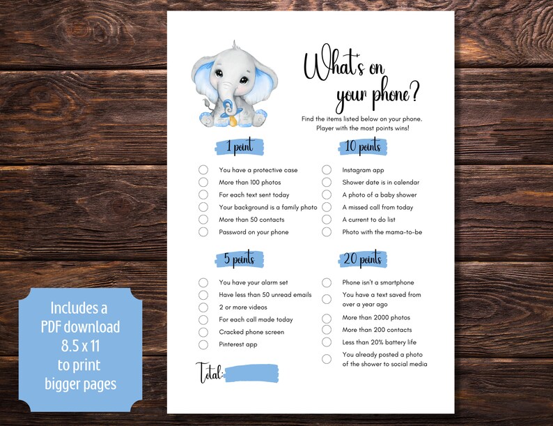 Whats on Your Phone Baby Shower Game, Blue Elephant Baby Shower Games ...