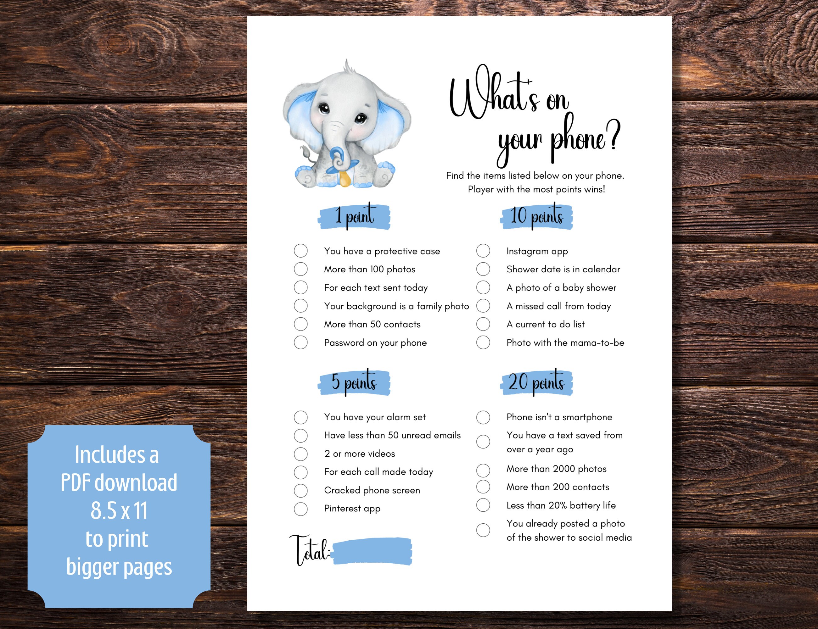 Whats on Your Phone Baby Shower Game, Blue Elephant Baby Shower Games ...