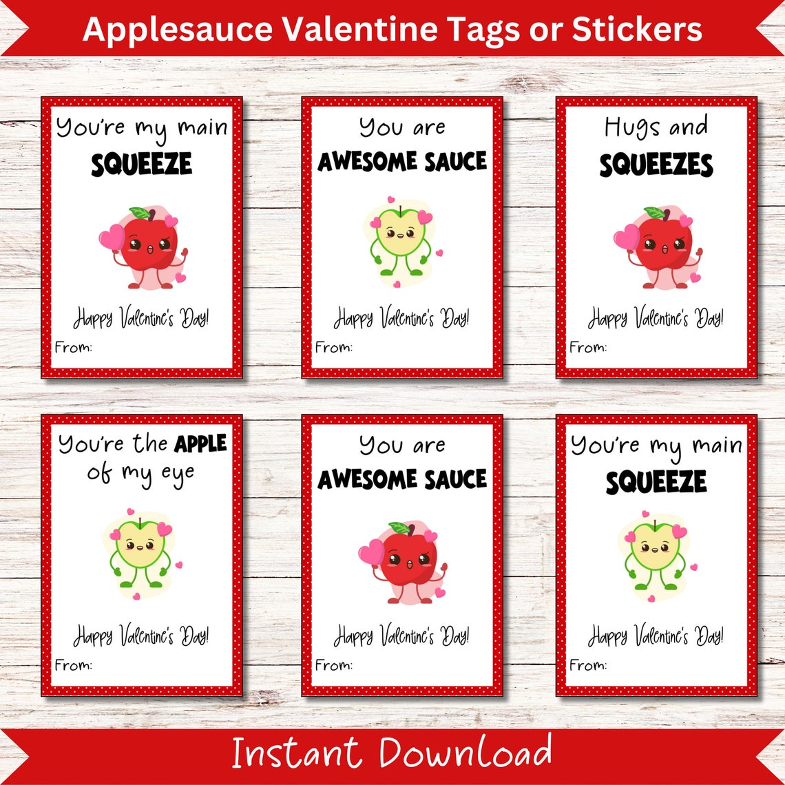 Applesauce Valentines, Classroom Valentine Gift Tags, Printable ...