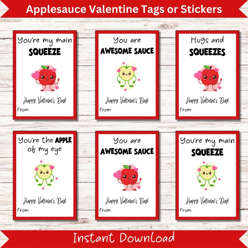 Applesauce Valentines, Classroom Valentine Gift Tags, Printable ...