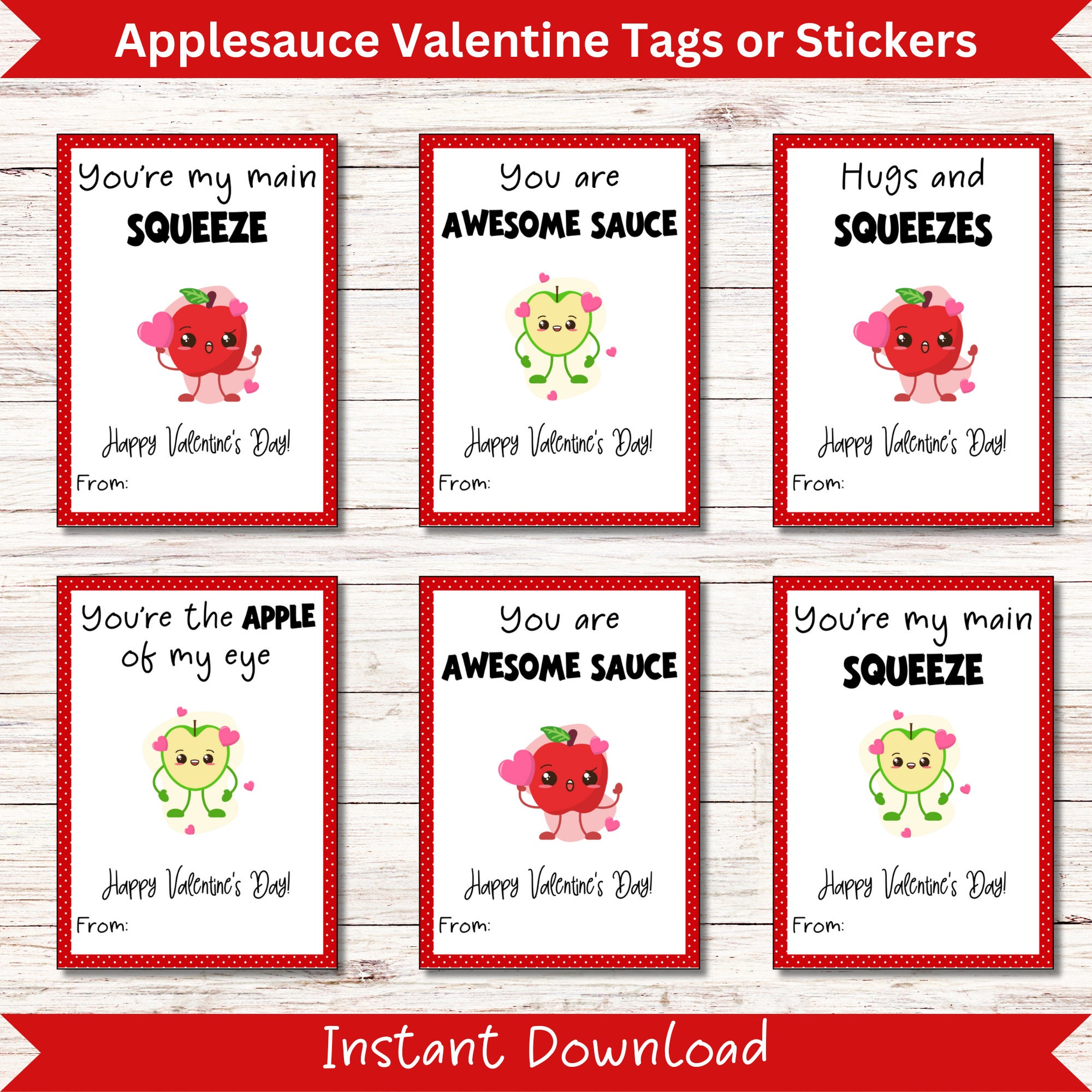 Applesauce Valentines, Classroom Valentine Gift Tags, Printable ...