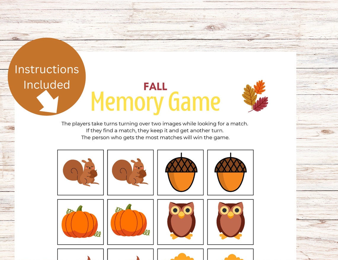 Fall Memory Matching Game, Printable Fall Games for Kids - Etsy