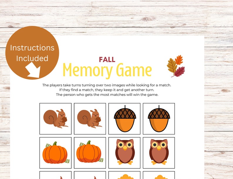 Fall Memory Matching Game, Printable Fall Games for Kids - Etsy