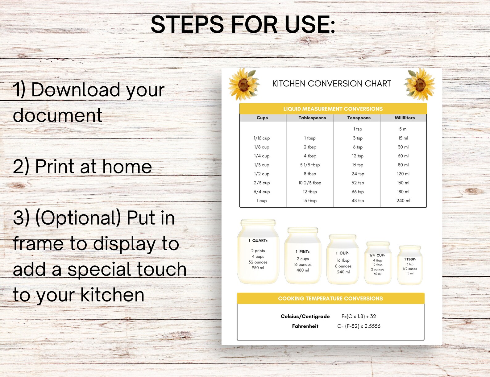 Sunflower Kitchen Conversion Chart, Printable Conversion Chart, Kitchen ...