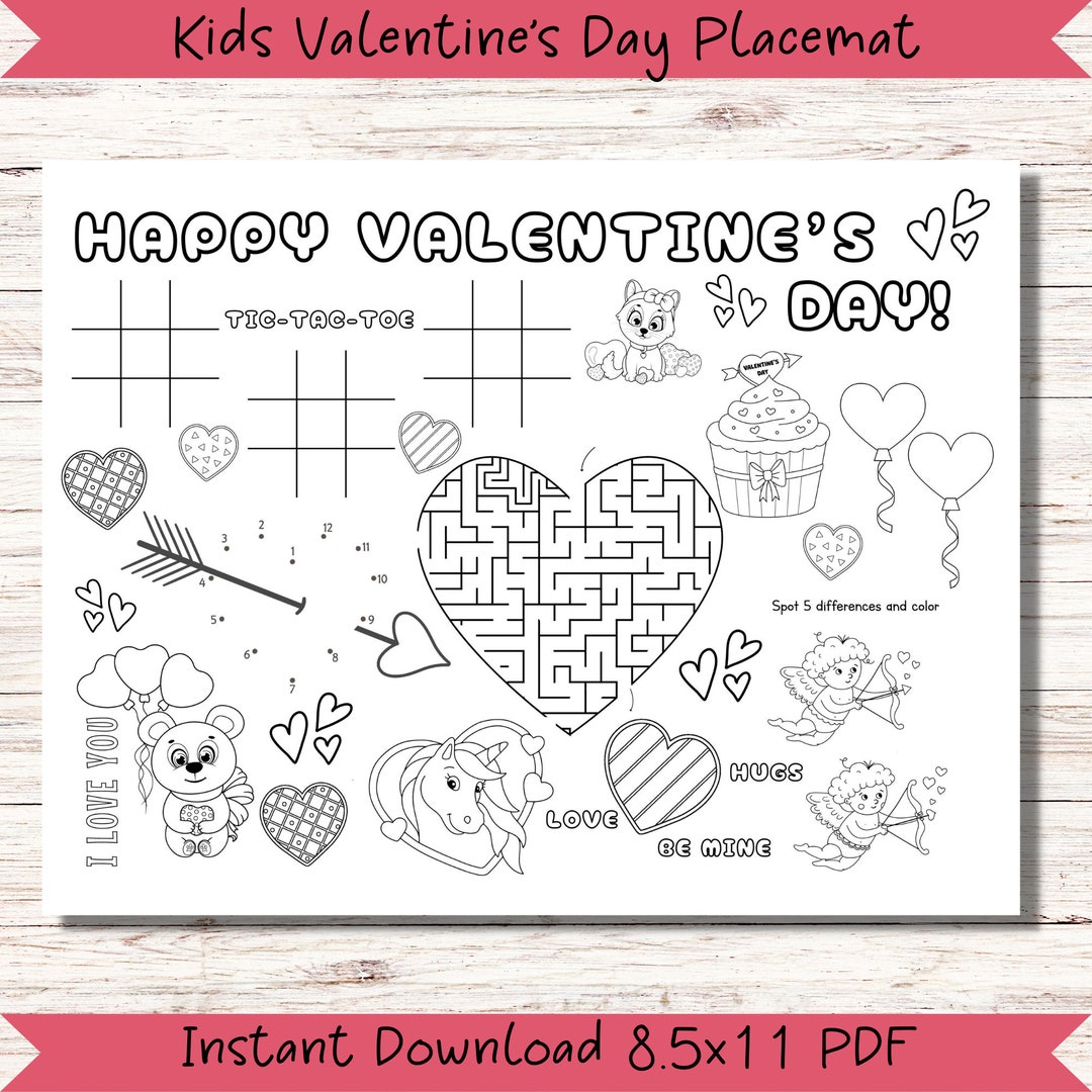 Kids Valentine Placemats, Valentine Coloring Placemats, Valentine's ...