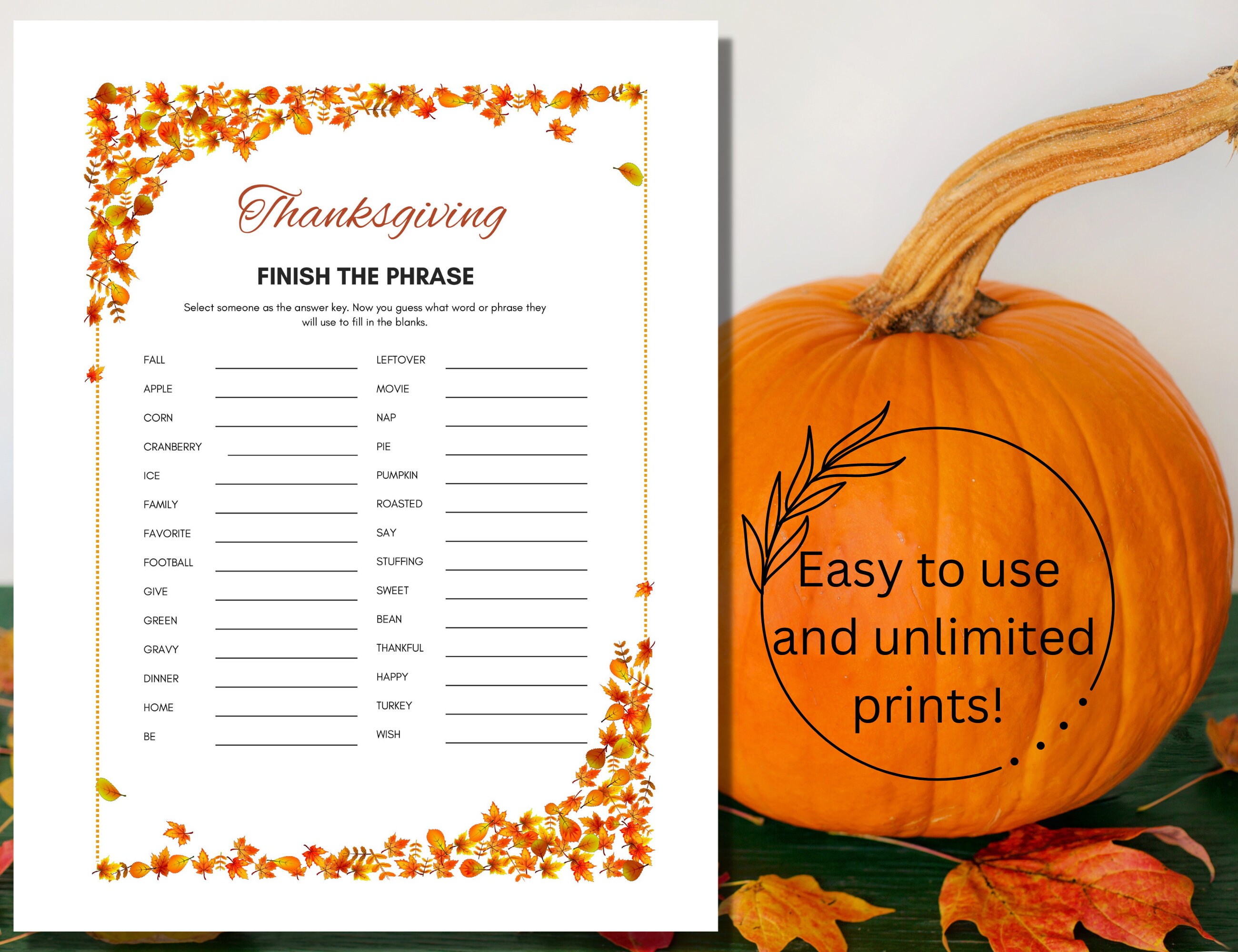 Thanksgiving Finish the Phrase Game, Fall Family Printable Games - Etsy