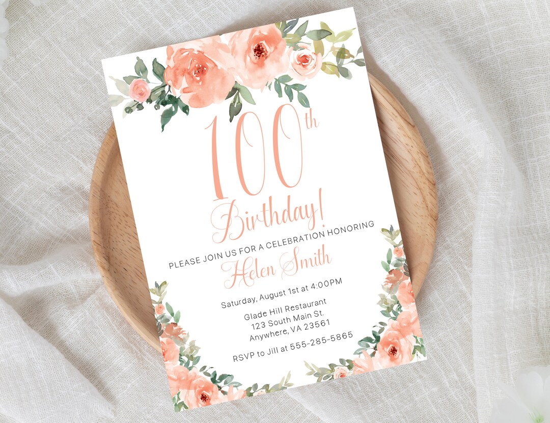 100th Birthday Invitation, Peach Floral Women Birthday Invitation, Any ...